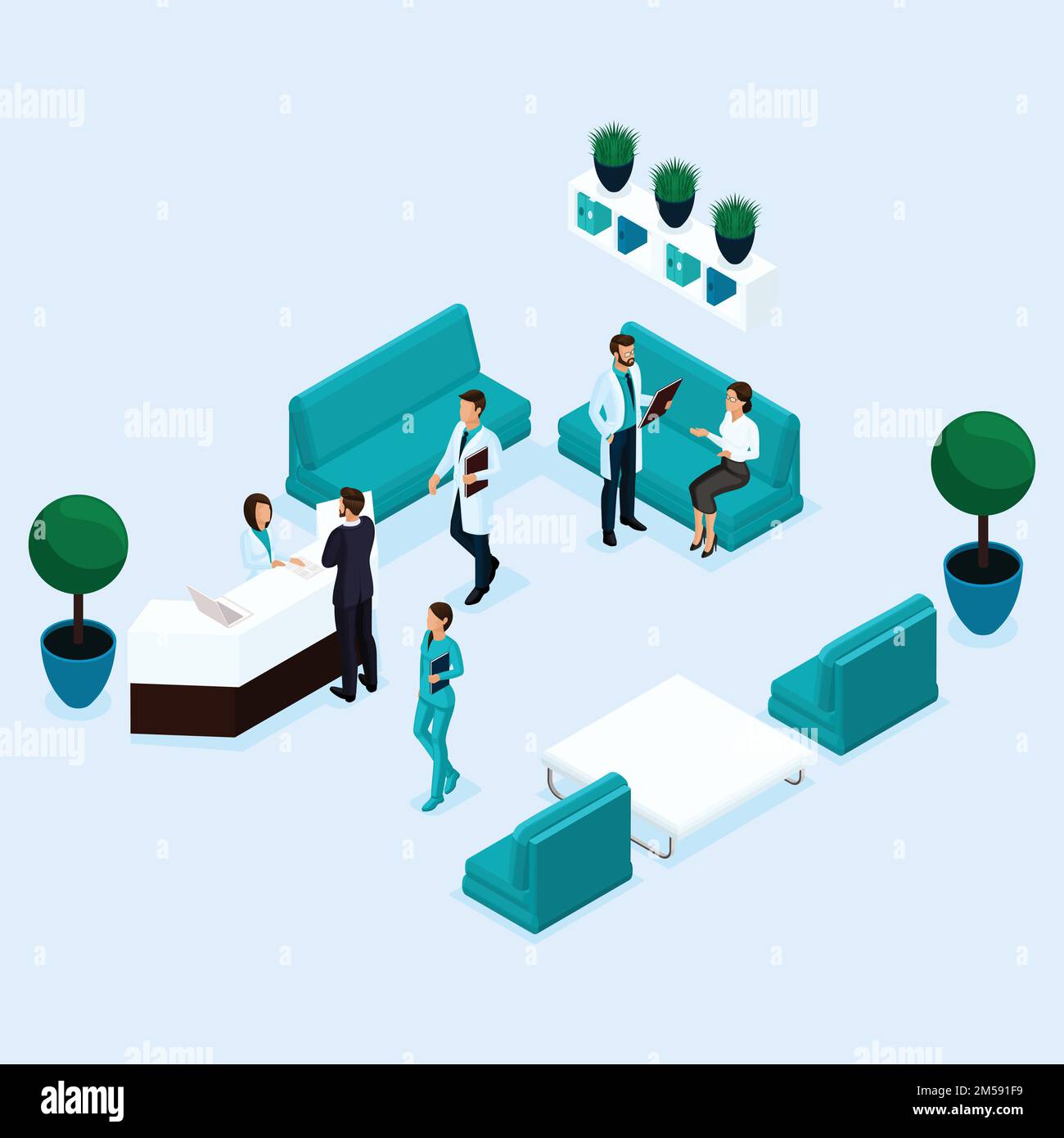 Trendy isometric people, reception, doctor discussion with the patient ...