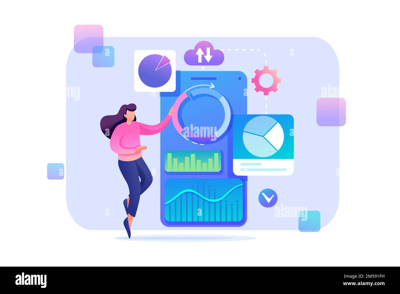 Young girl in progress at work. Concept woman character with graph ...