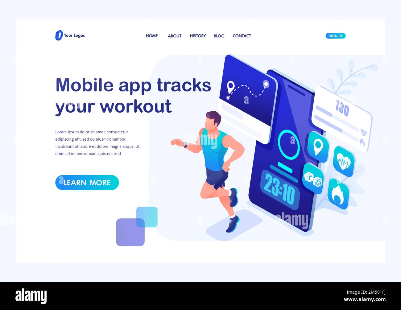 Isometric concept mobile app tracks your workout, male athlete on a run ...