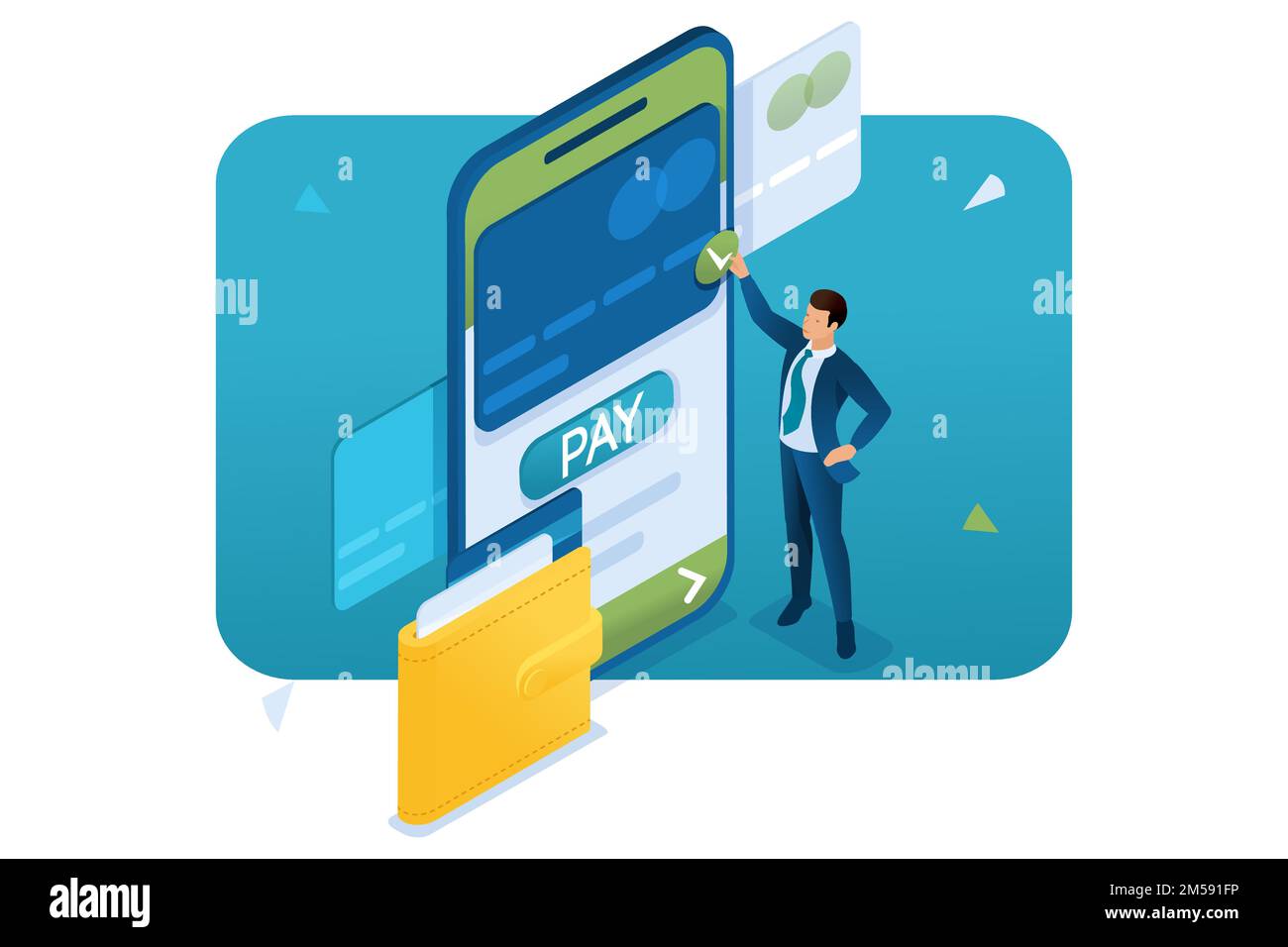 Young man makes an online payment through a mobile application. Concept Of Fast Payment. 3d ...