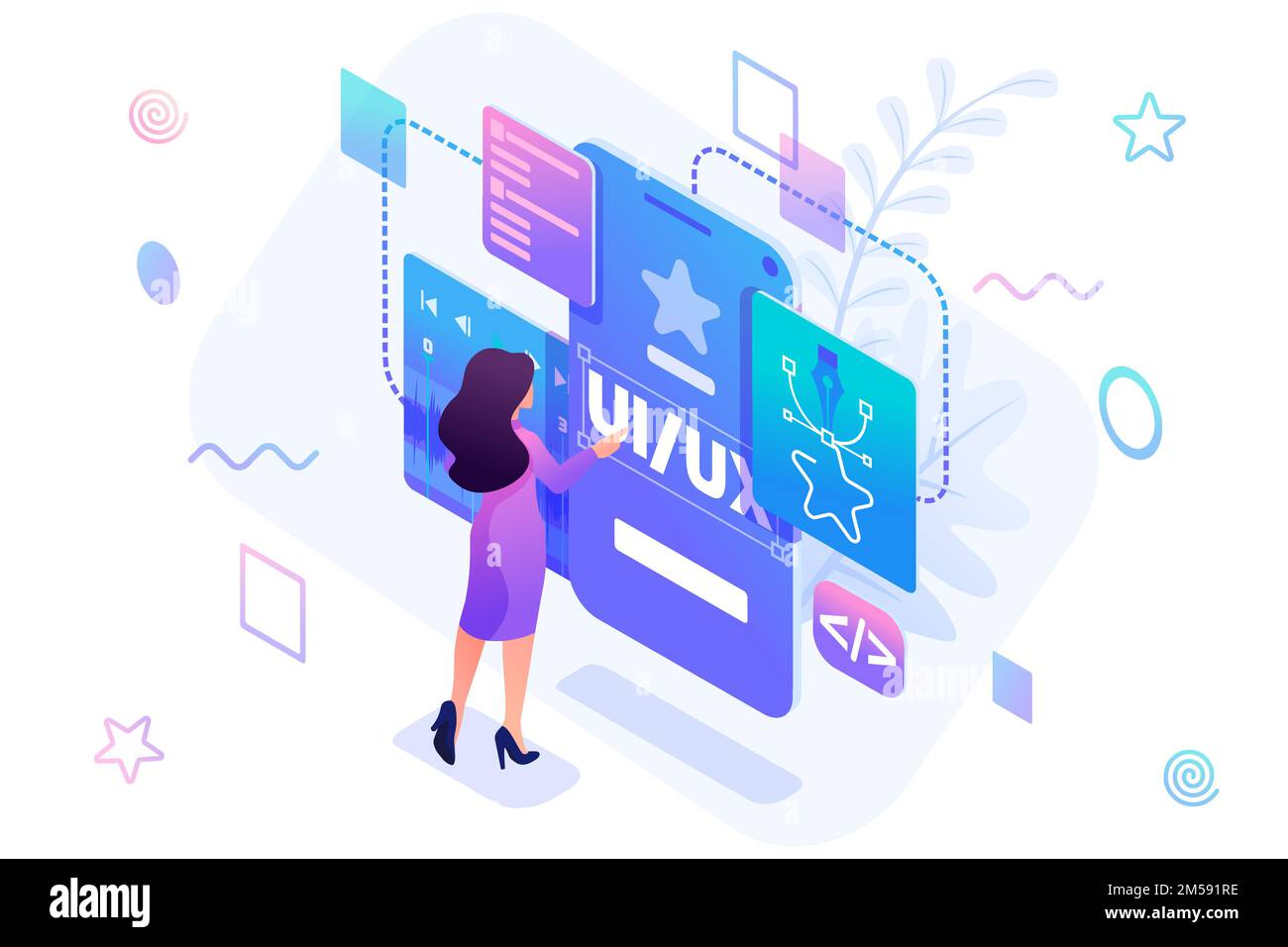Isometric concept a young woman creates a custom design for a mobile ... Isometric concept a young woman creates a custom design for a mobile ...