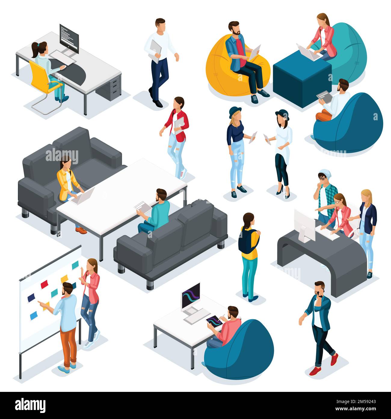 Trendy isometric young creative people, set 4 in stylish clothes with ...