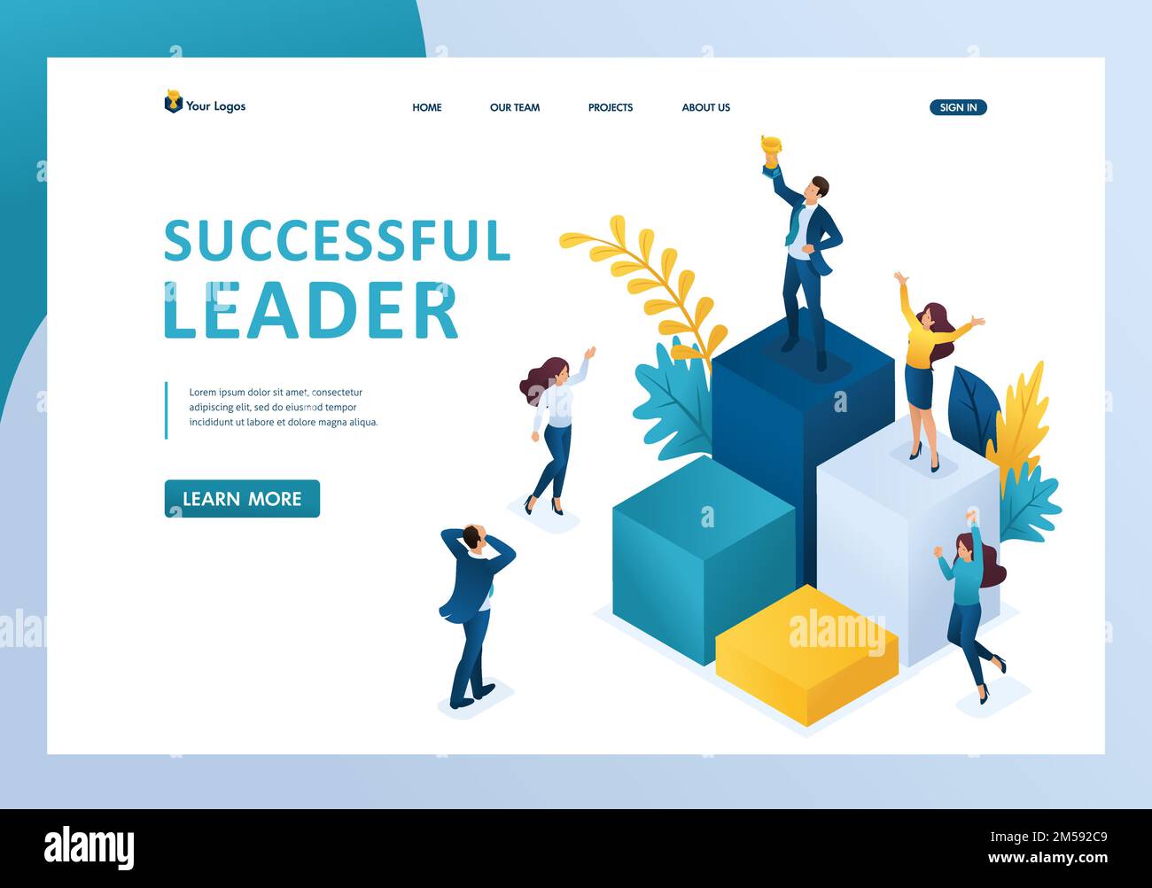 Isometric successful leader on the podium with a prize, the team enjoys ...