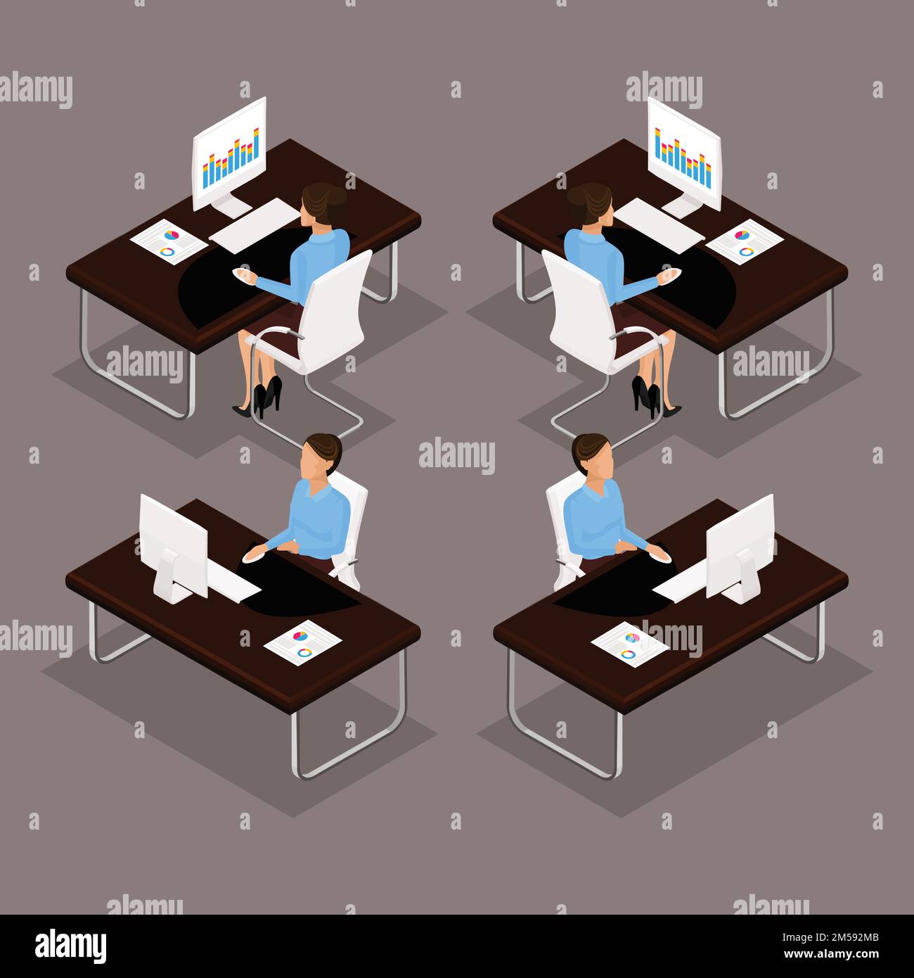 Trend Isometric people Set 2, 3D business lady working at a desk on a ...