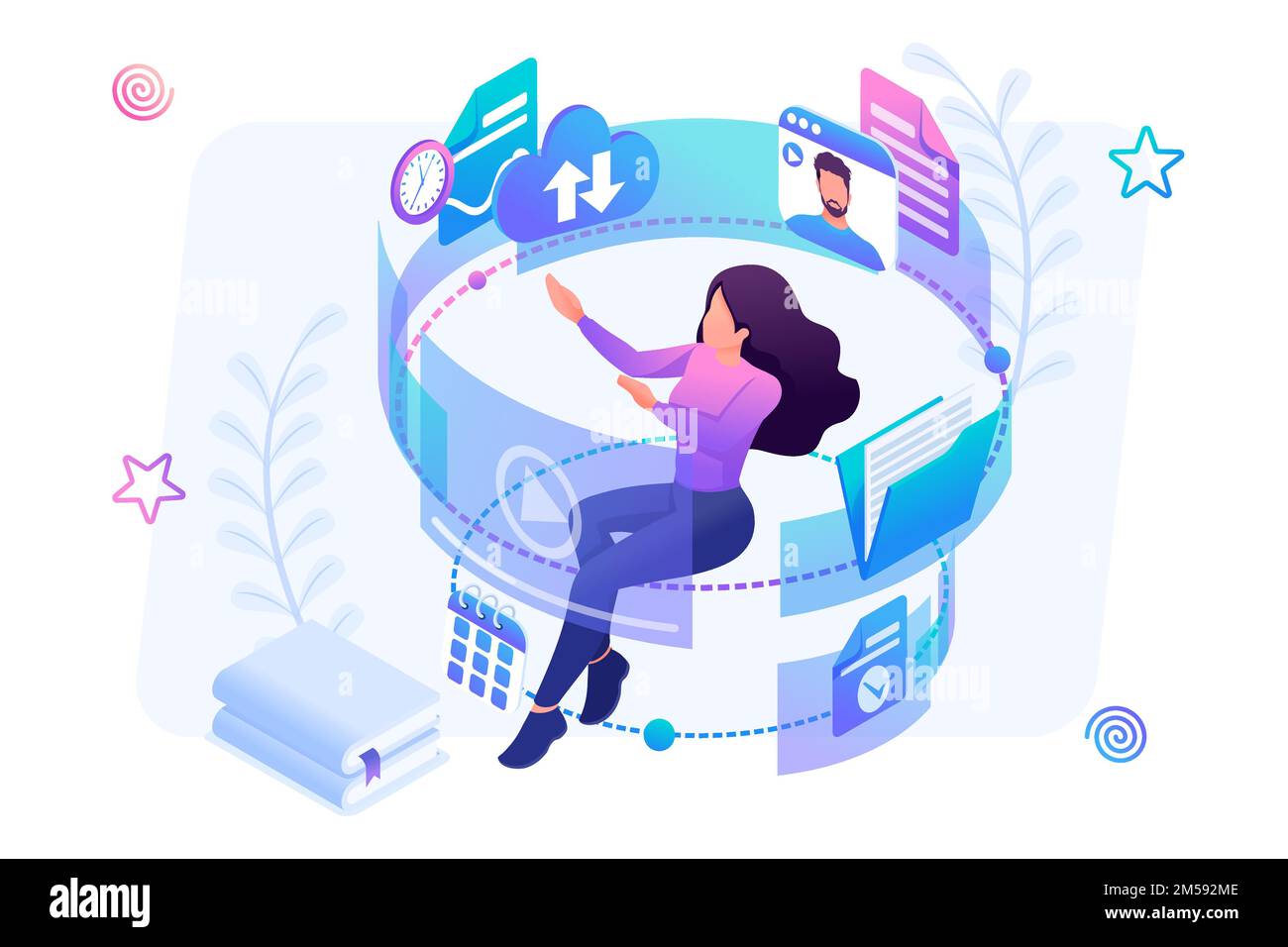 Isometric concept young girl in the process of learning through the ...