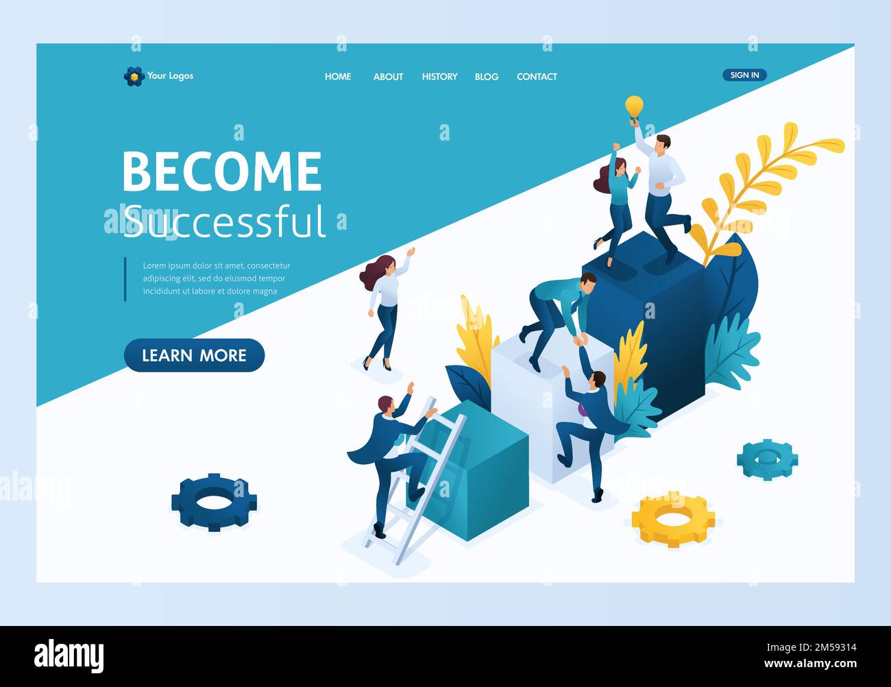 Isometric Team success. Teamwork. Together. Miniature people climb up. Template landing page ...