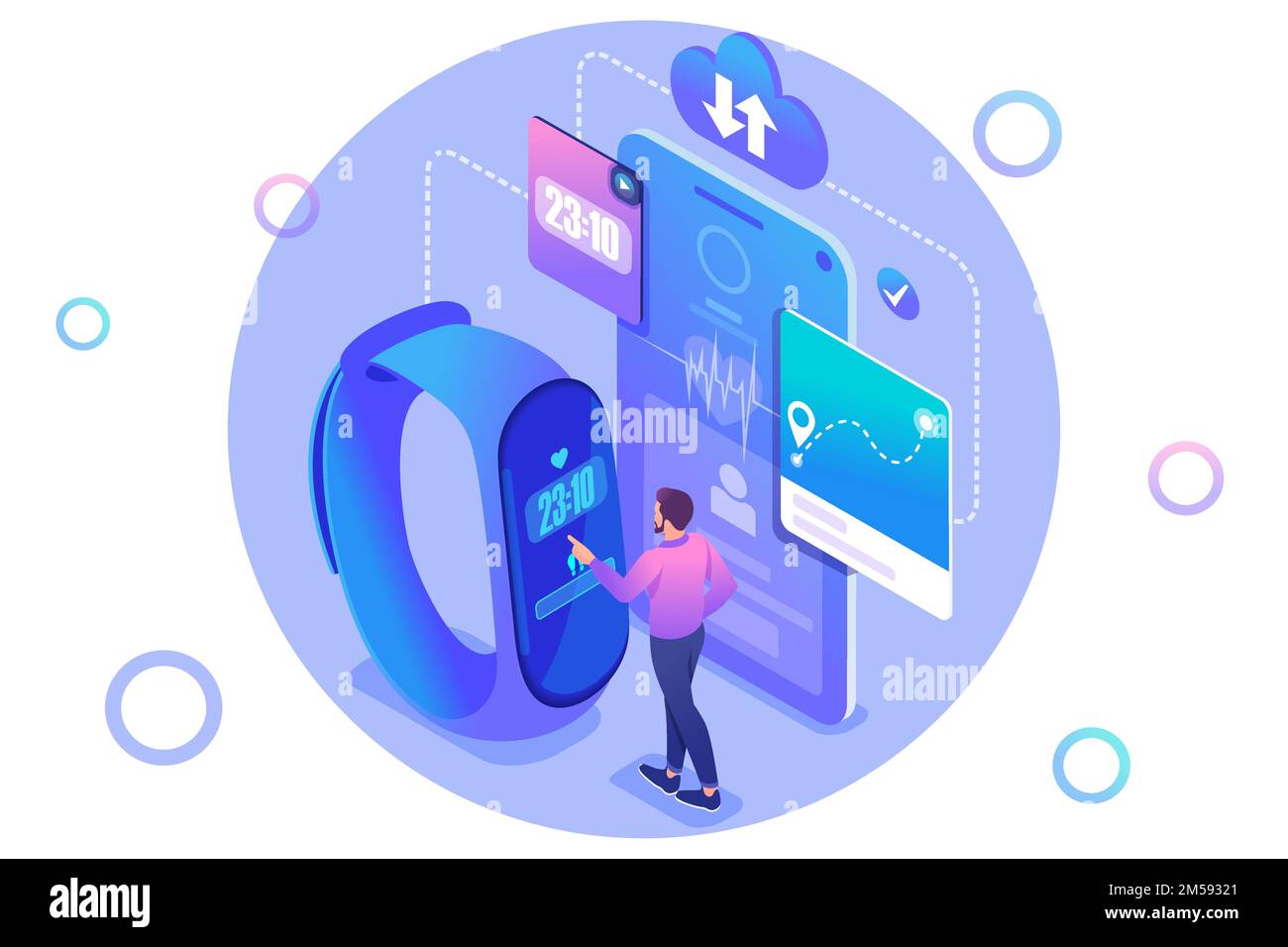 Isometric concept male uses Fitness bracelet, adjusts smart watch program. Concept for web ...
