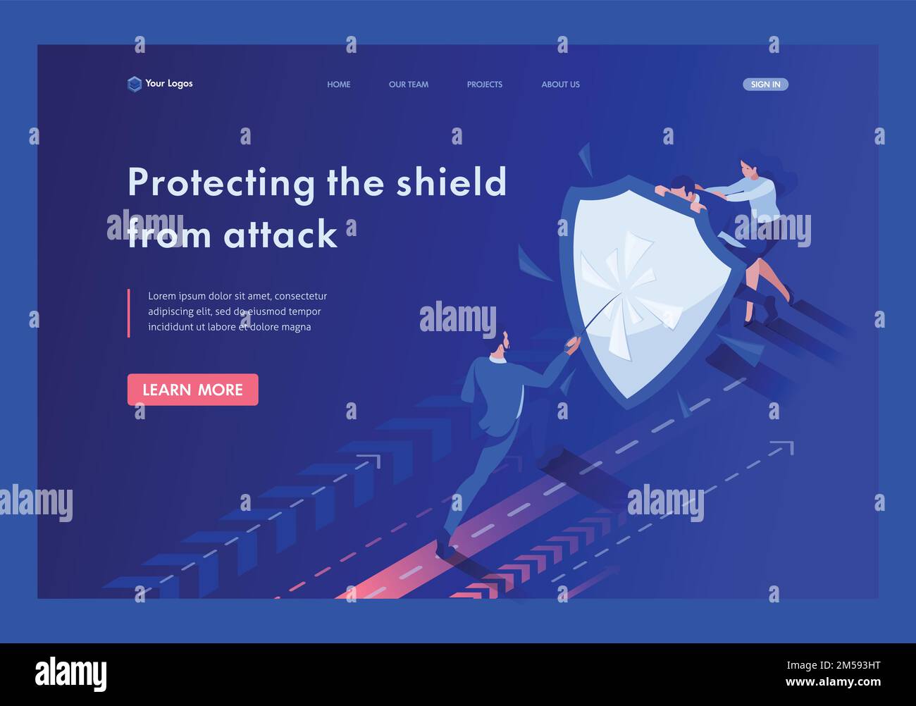 Isometric businessmen hiding behind a shield from attack. Template ...