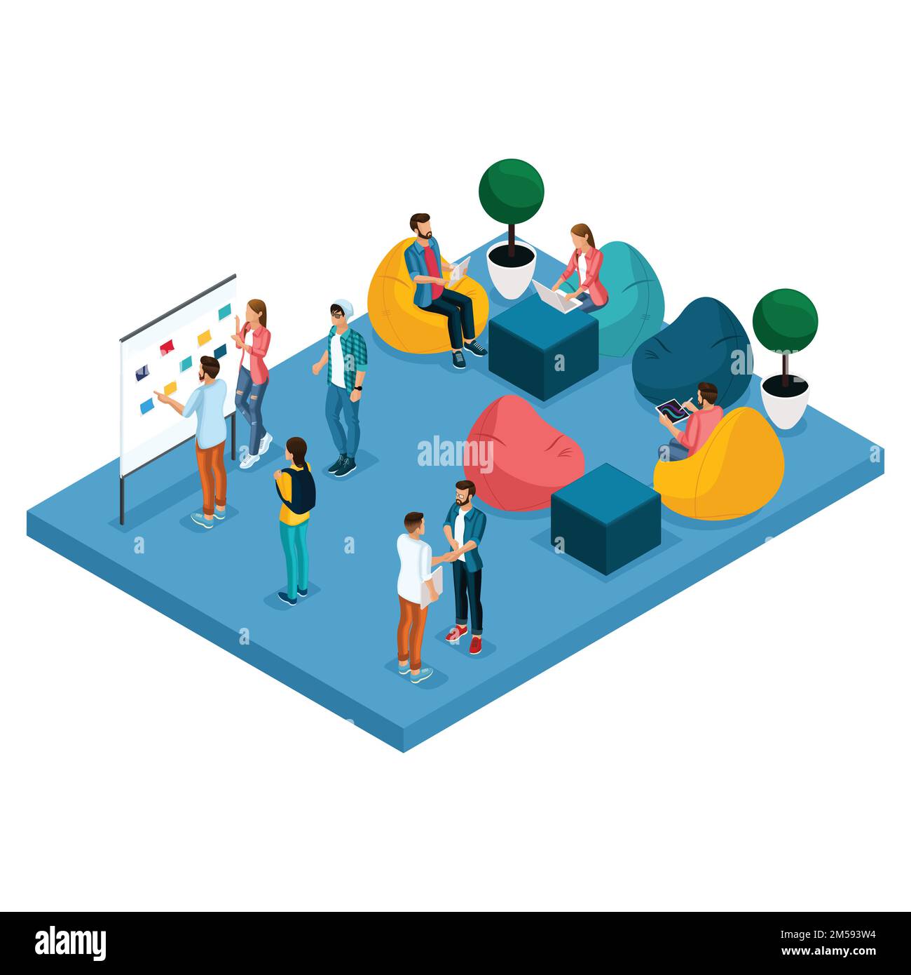 Isometric concept of coworking center. 3D people meeting, discussing ...