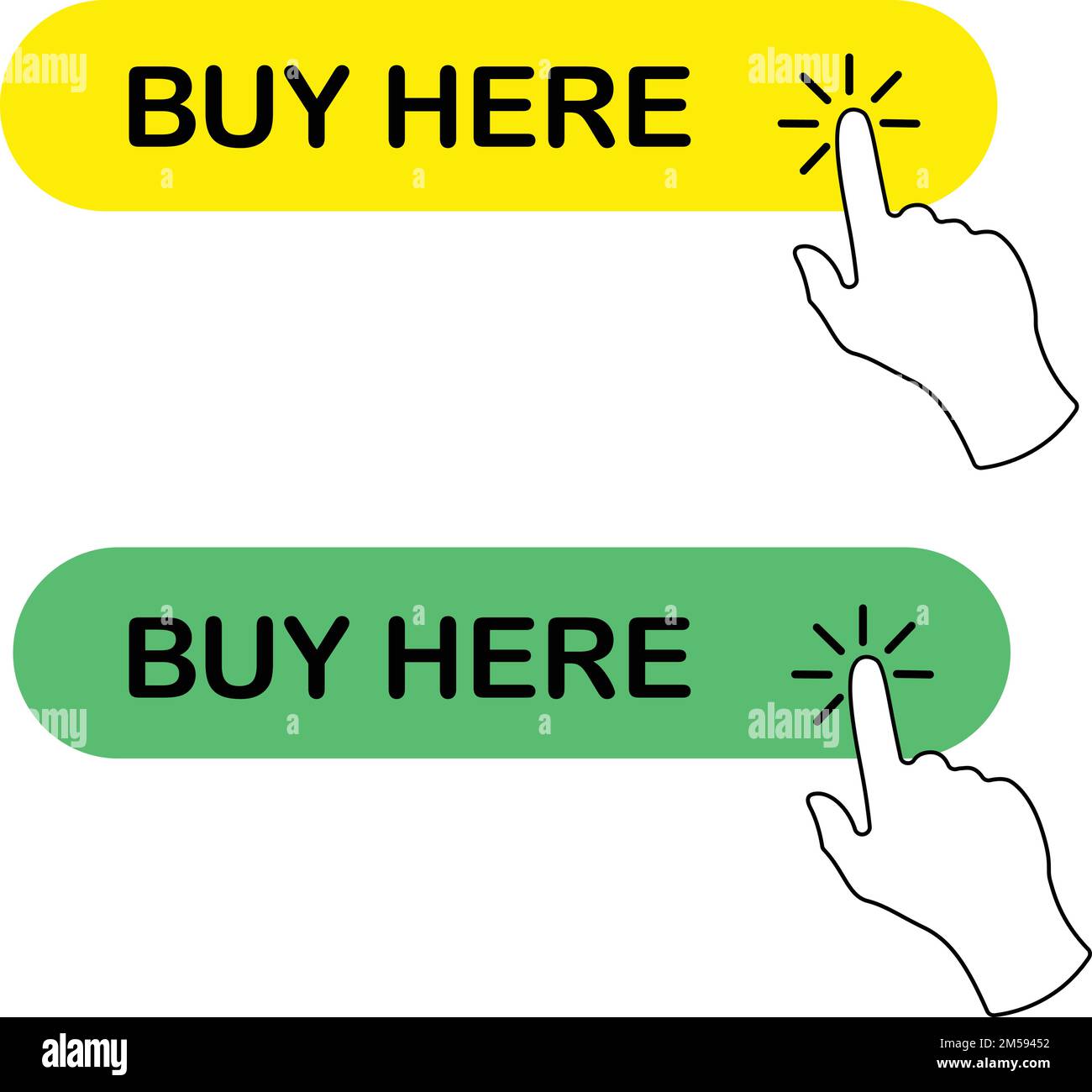Buy here buttons collection with hand pointer, vector illustration set ...