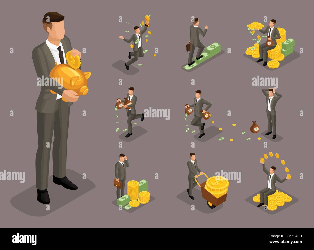 Isometric cartoon people, 3d businessman, rich man with money in ...