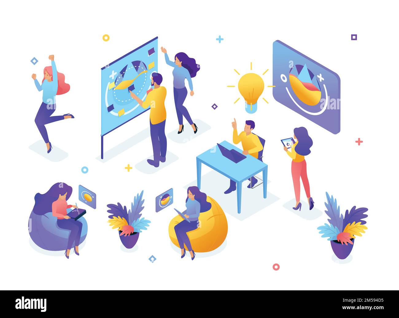 Isometric concept of a young team, teamwork, creating ideas, employees ...