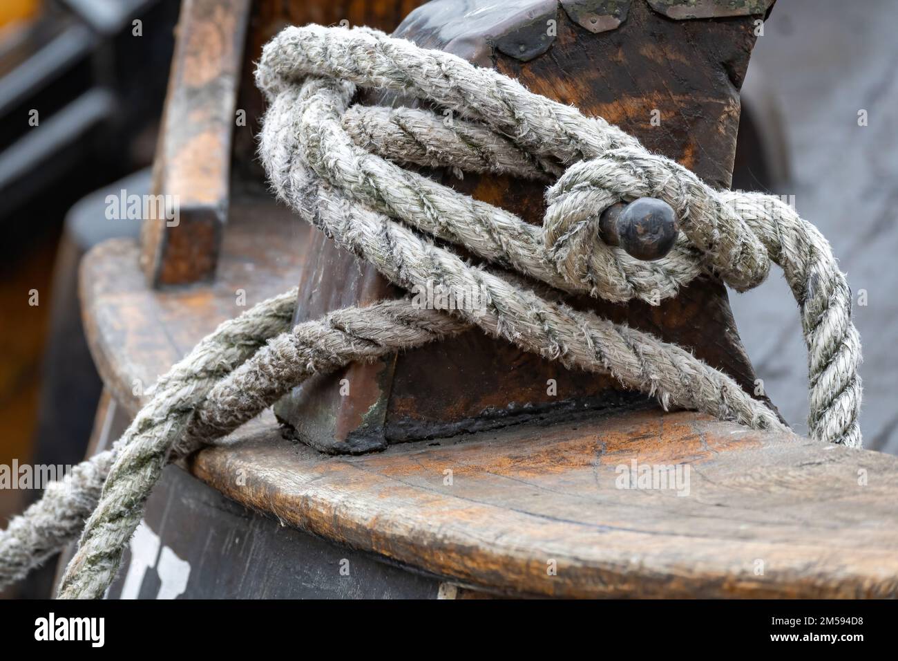 A closeup shot of rigged nautical block rope of the ship Stock Photo ...
