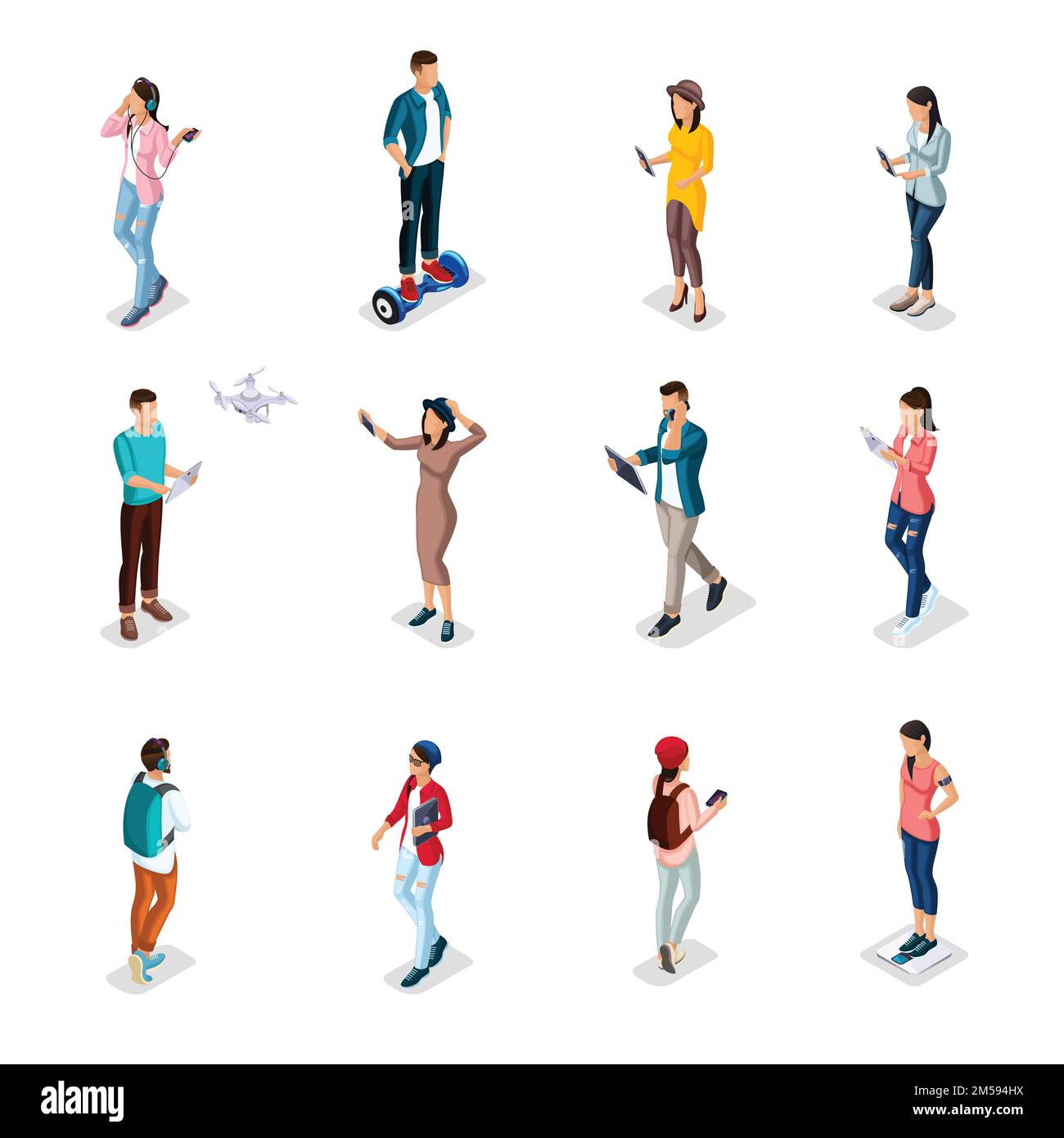 Trendy Isometric people and gadgets, teenagers, young people, students ...