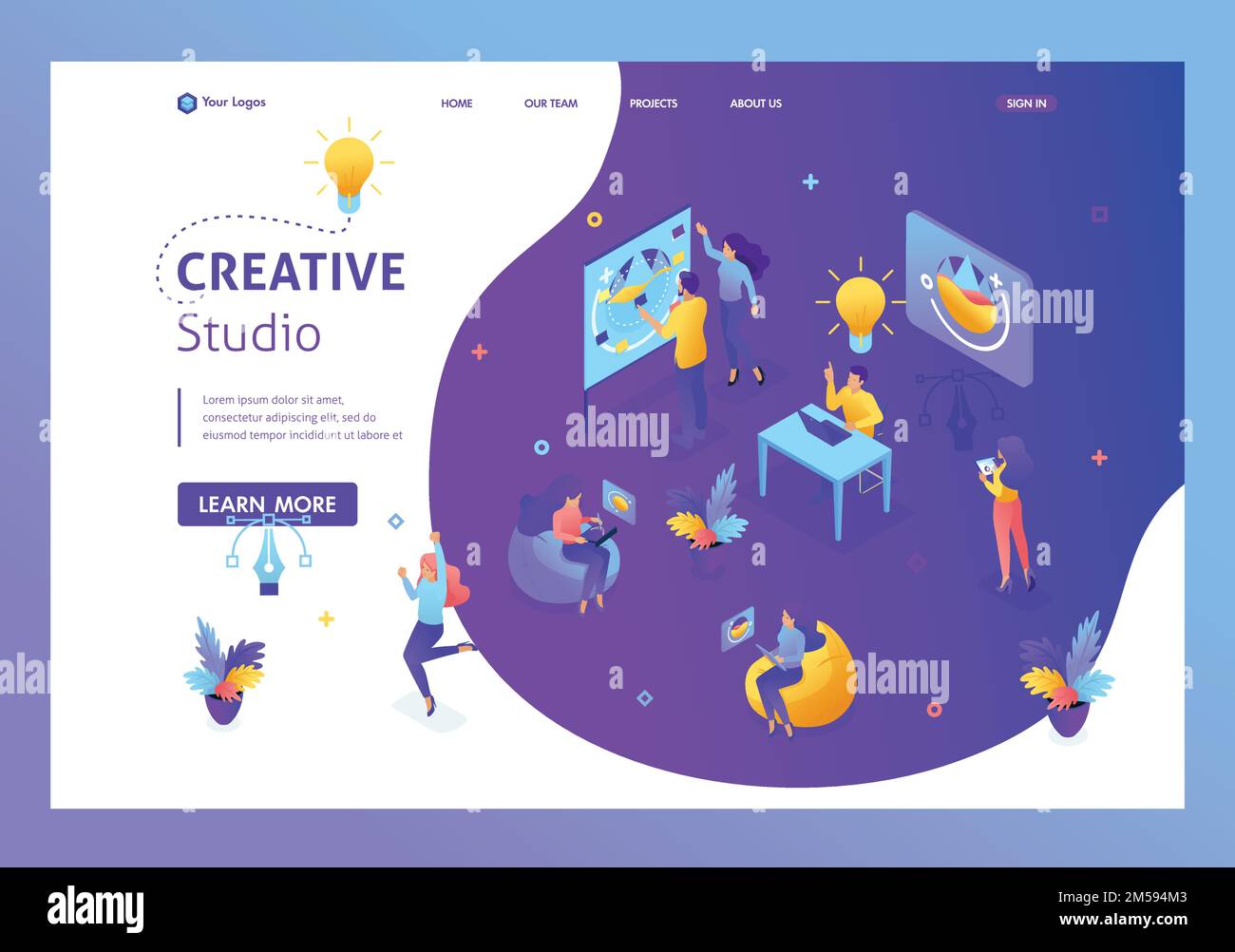 Isometric concept creative studio, creating ideas, employees develop ...