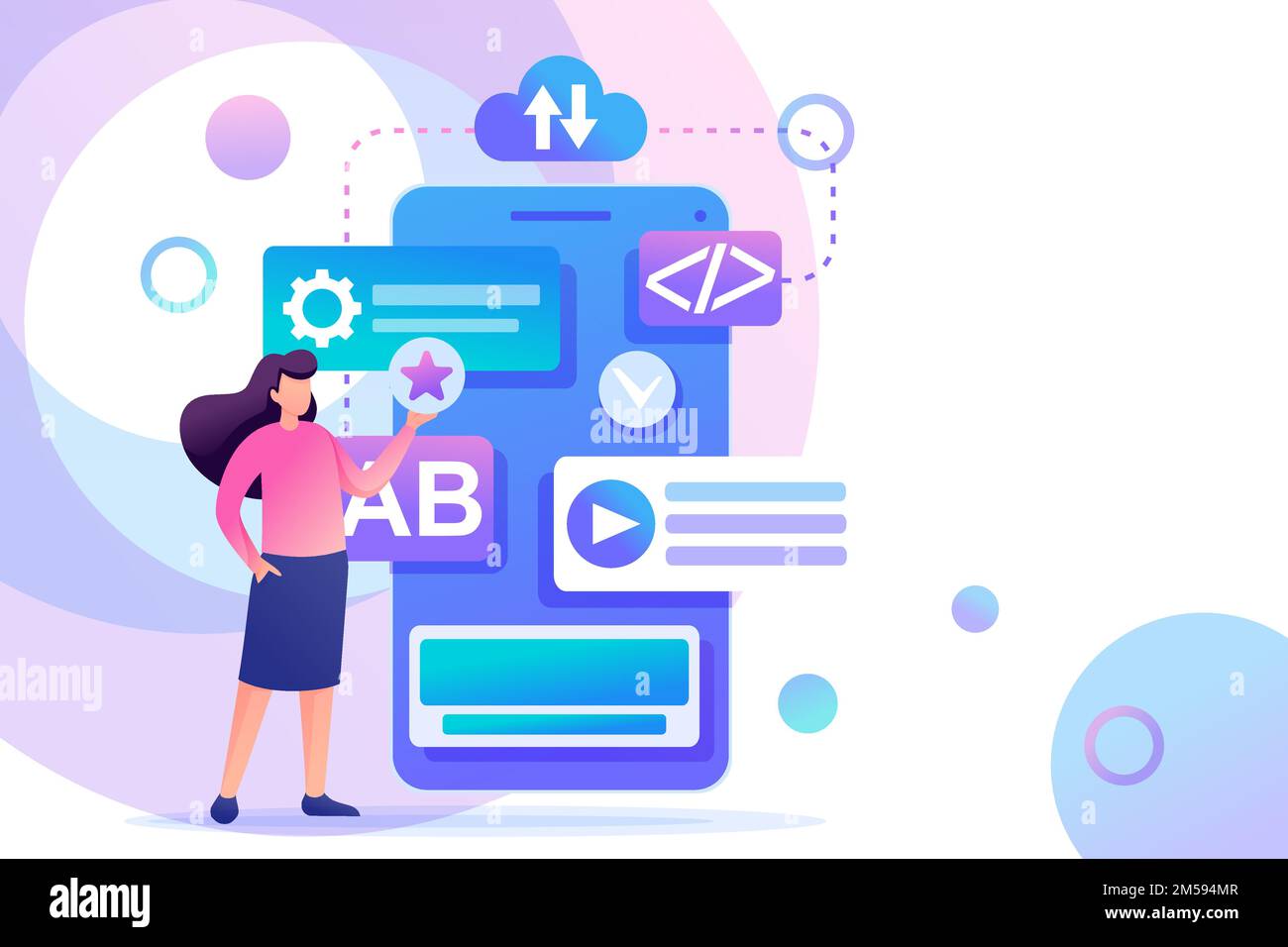 Young girl is engaged in the creation of a mobile application, working ...