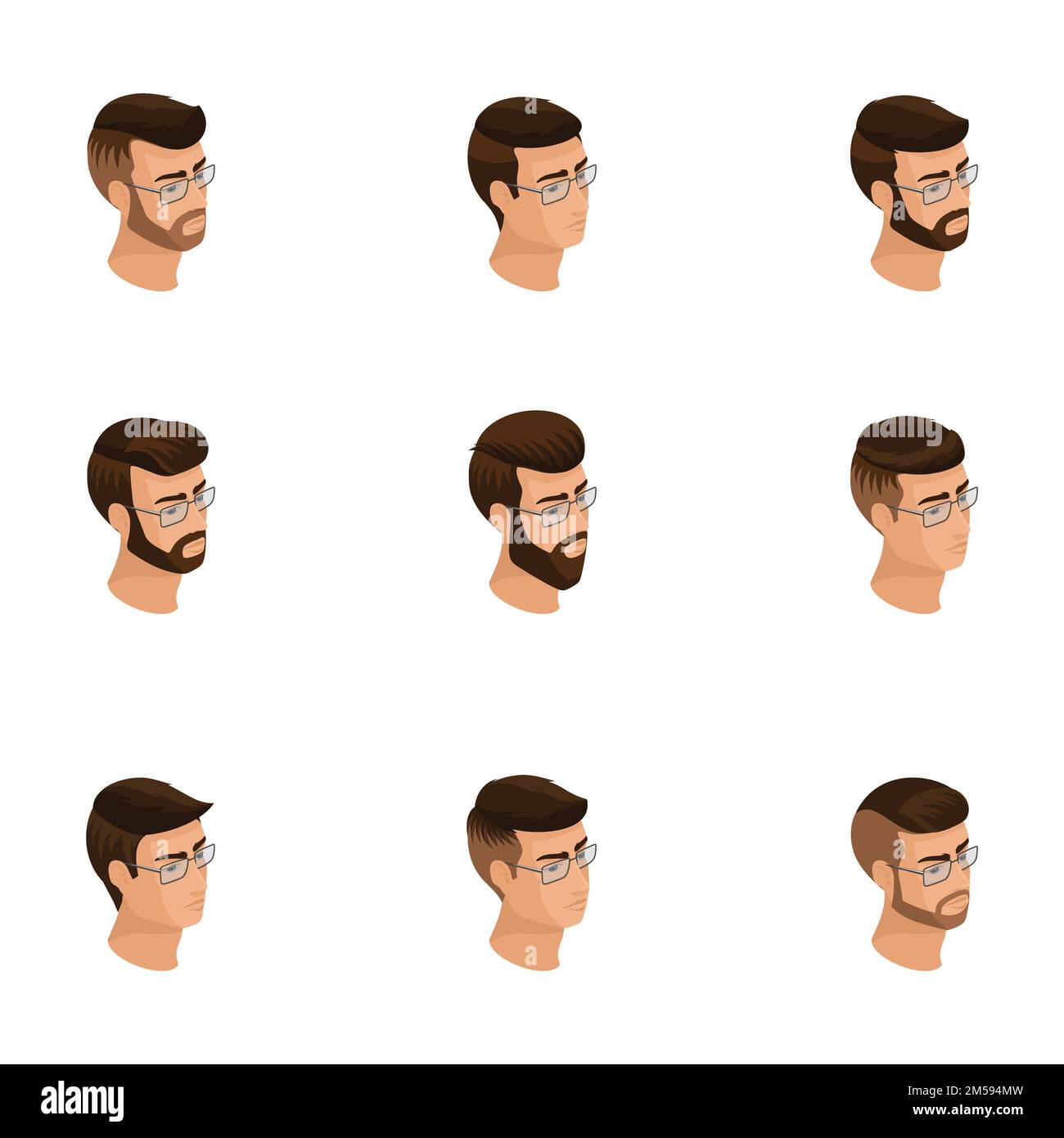 Isometric icons of the head of the hairstyle, 3D faces, eyes, lips ...