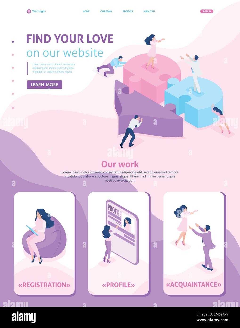 Isometric Website Template Landing page acquaintance, love, meeting ...