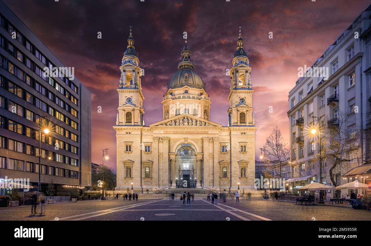 St. Stephen's Basilica in Budapest, Hungary at night. Roman catholic ...