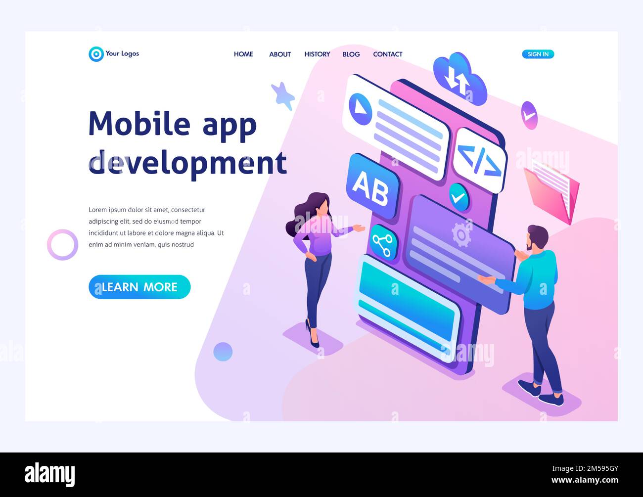 Isometric concept Young girl and boy develop mobile application for ... Isometric concept Young girl and boy develop mobile application for ...