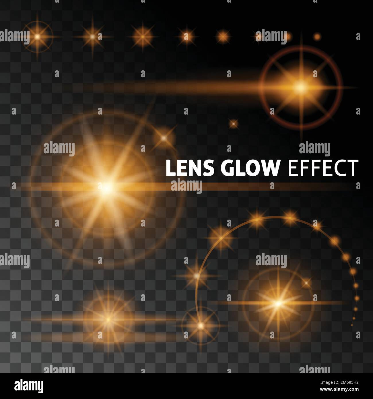 Realistic lens flares and rays flash white orange light on a dark ...