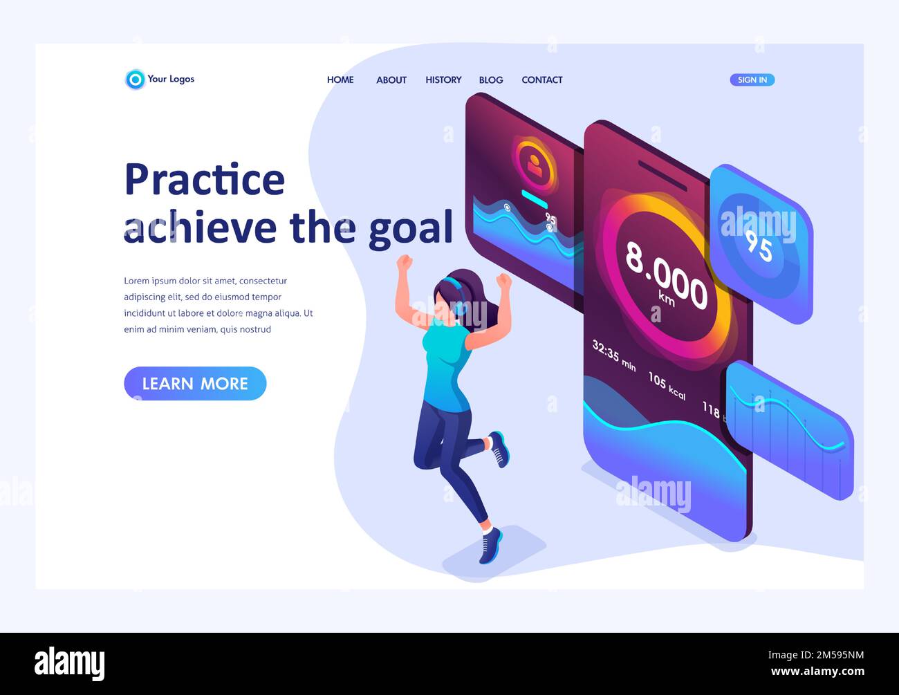 Isometric concept Practice reach your goal with the mobile app, great ...
