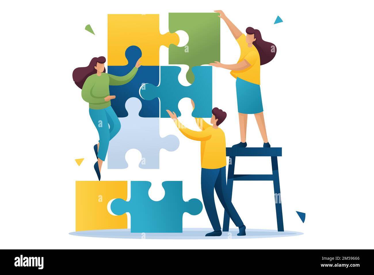 Young people connecting puzzle elements, teamwork, cooperation ...