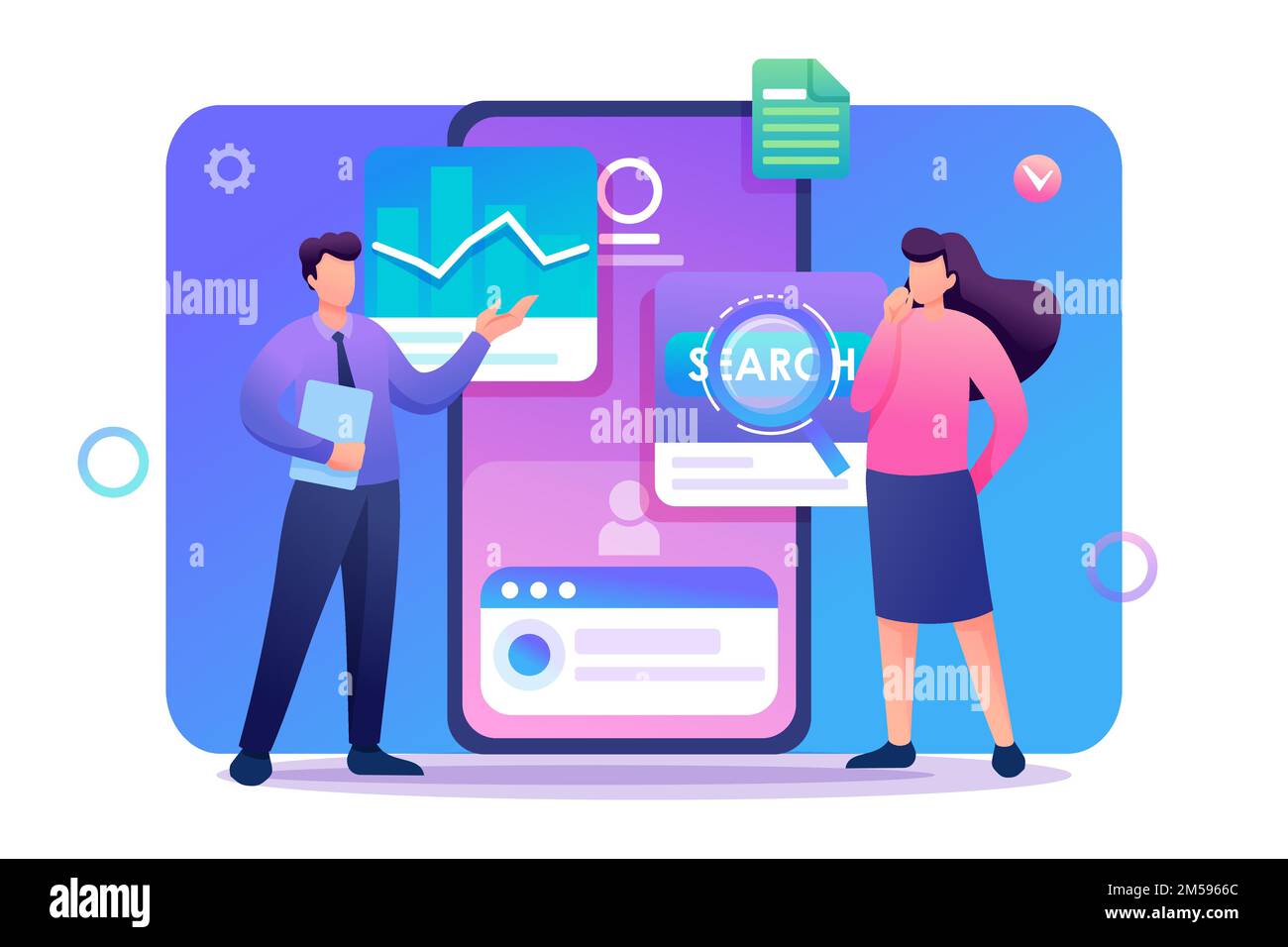 Young people stand near the mobile phone screen, testing the program ...