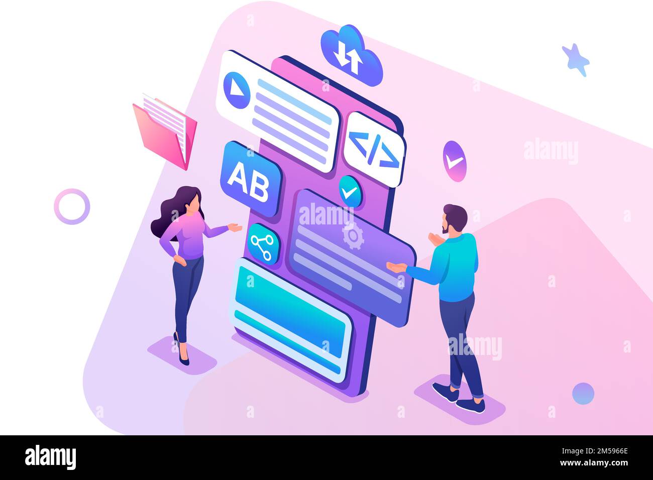 Isometric concept Young girl and boy develop mobile application for ...