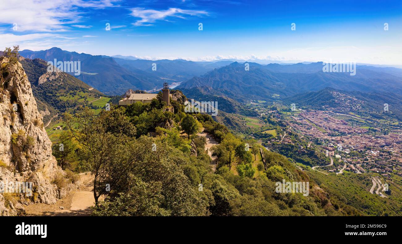 Aerial panoramic view of the monastery of Queralt, the Baells reservoir ...