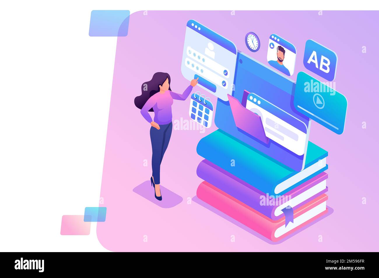 Isometric concept young girl uses the tablet for online learning ...