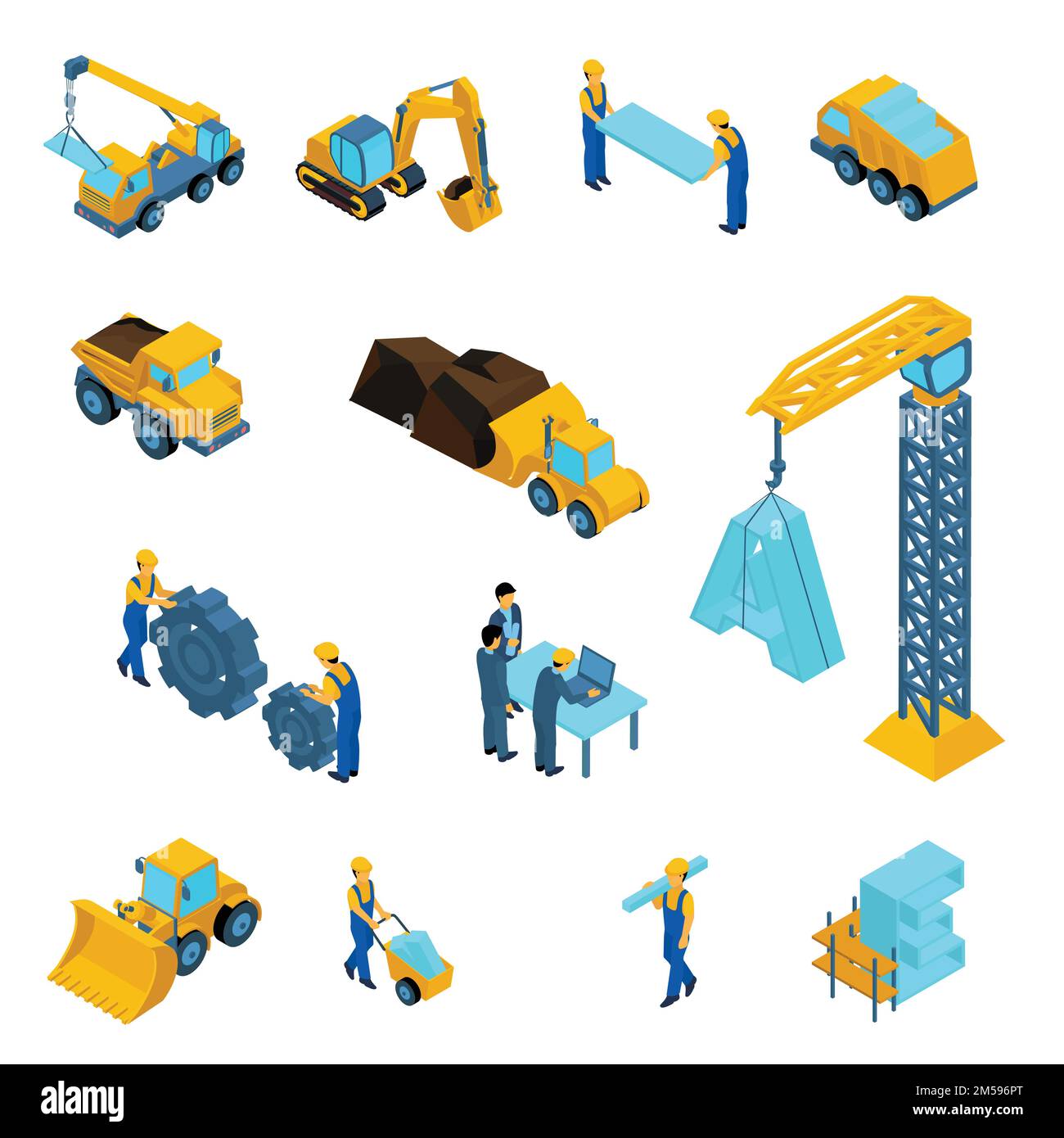Set Isometric icons for construction workers, crane, machinery, power ...