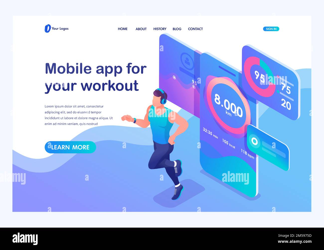 Isometric concept The mobile app tracks a man's workout. Jogging ...