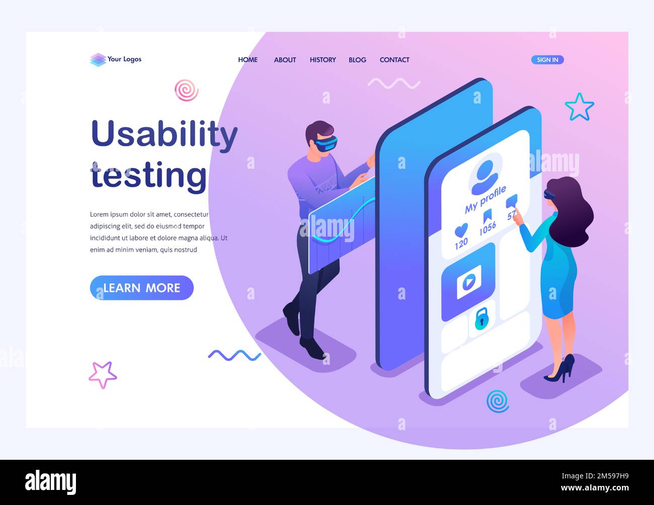 Isometric concept young people in virtual glasses are testing a mobile ...