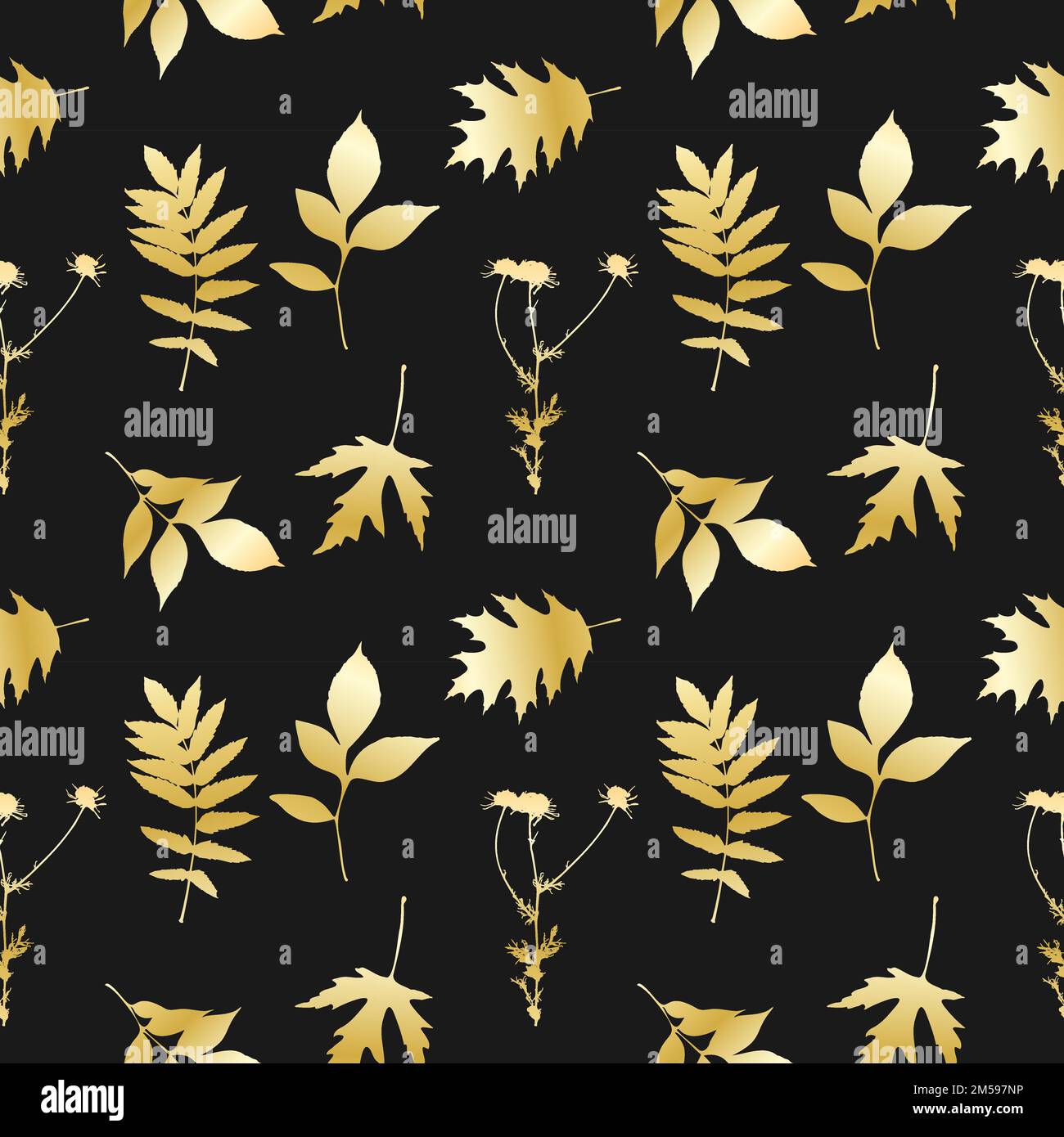 Gold leaves pattern , leave and camomile, dark background. Vector ...