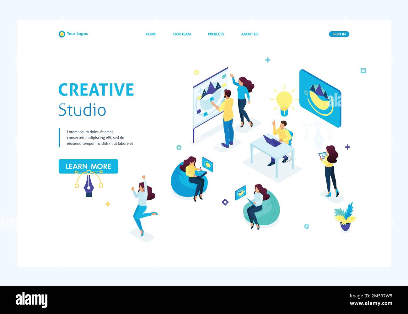 Isometric concept creative studio, employees creating ideas and design. Teamwork of creative ...