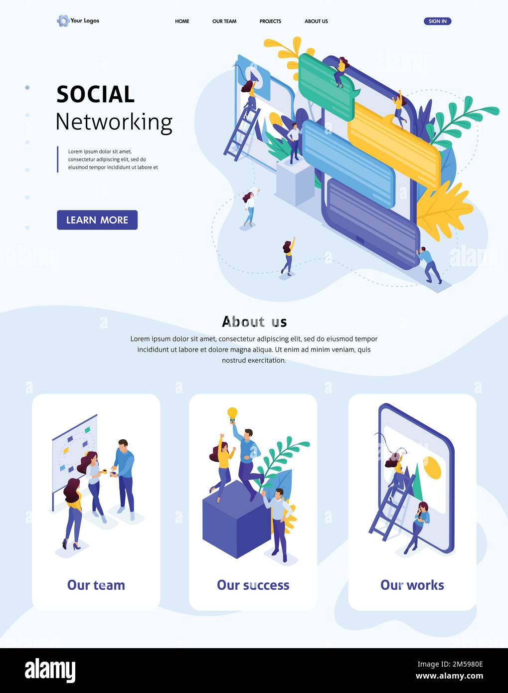 Isometric Website Template Landing page concept communication of young ...