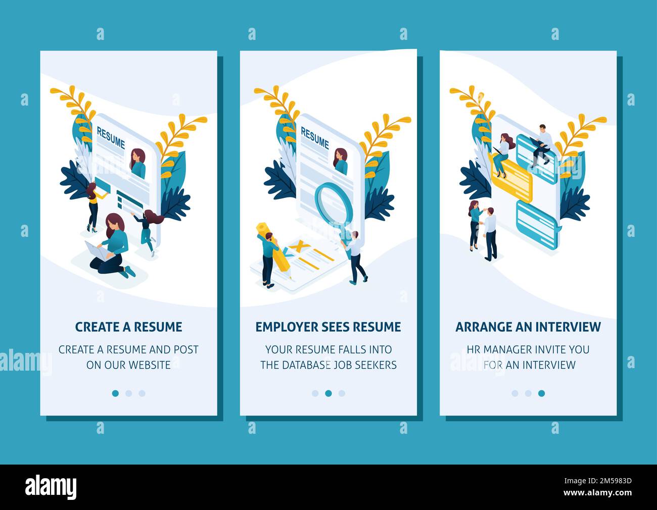 Isometric Template app design concept stages of job search through ...