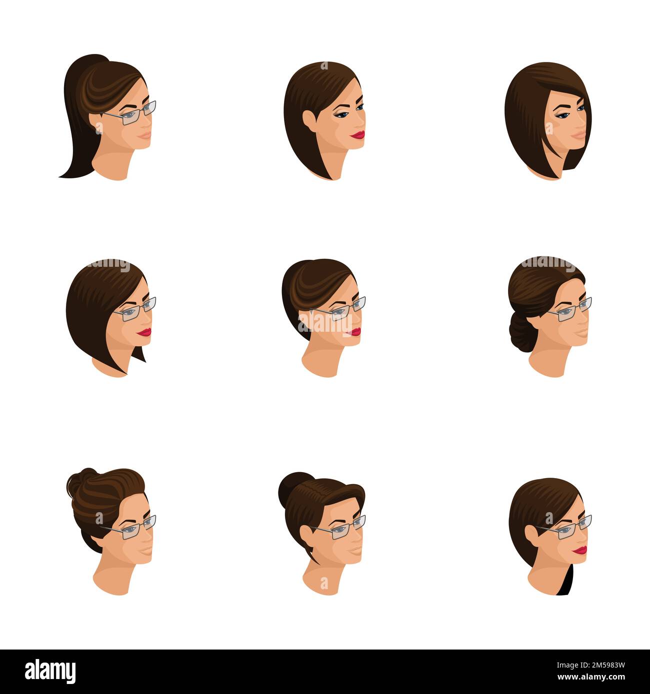 Isometric icons of head hairstyles, 3D faces, eyes, lips, female ...