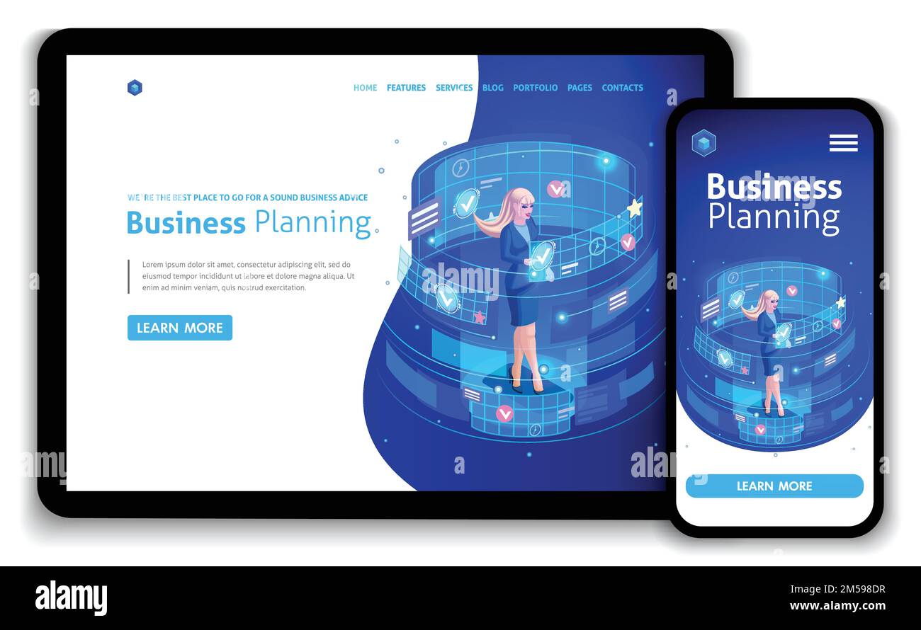 Business website template design. Isometric concept businessmen work ...