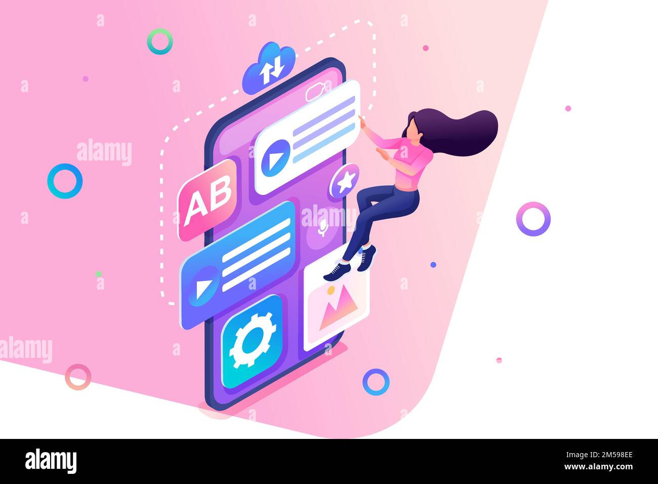 Young girl is easily engaged in Setting up the menu on her smartphone. Concept of interface ...