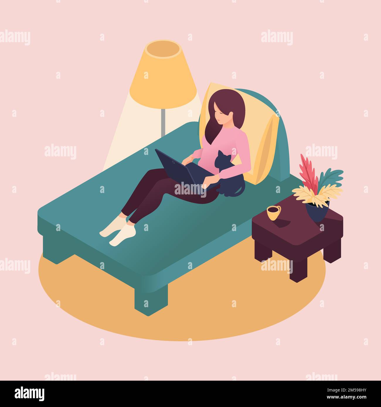 Isometric young woman working and studying at home, freelance, remote ...