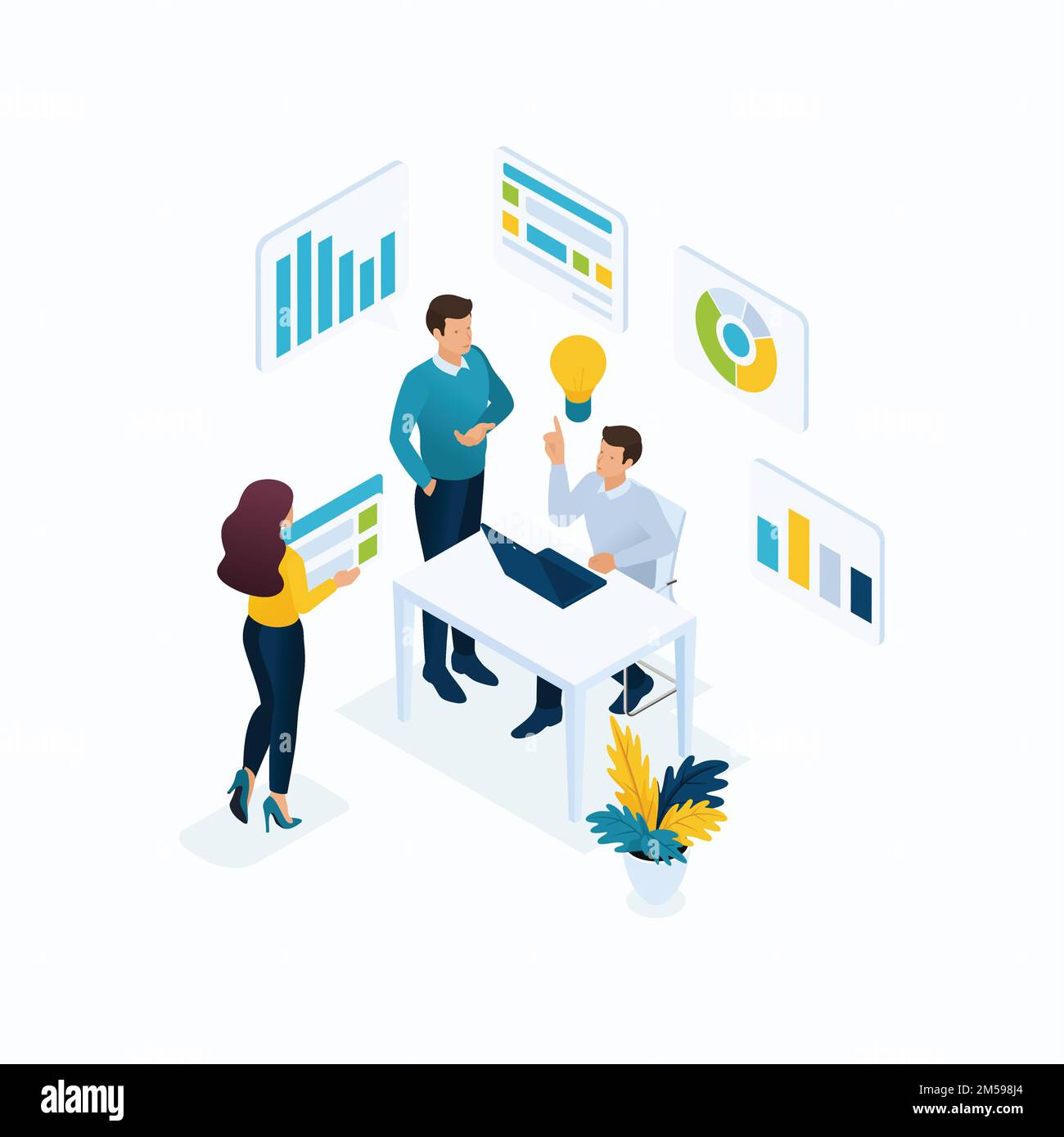 Isometric concept idea, brainstorming, teamwork, young entrepreneurs in the office. Modern ...