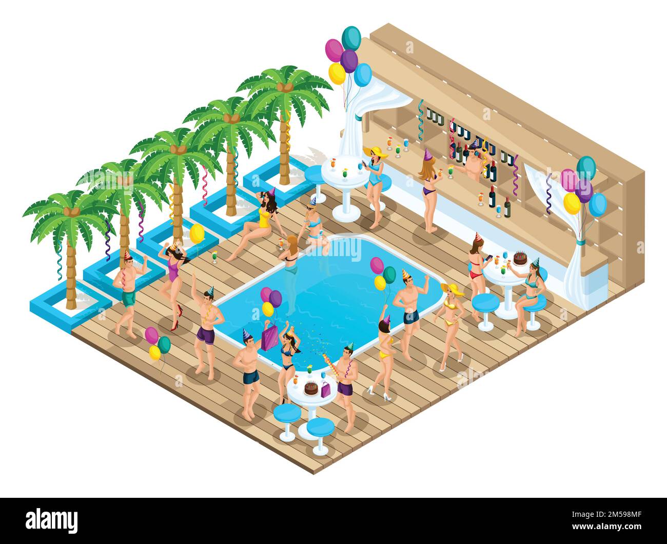 Isometrics of men and women dance, celebrate a birthday, Ibiza, azure ...