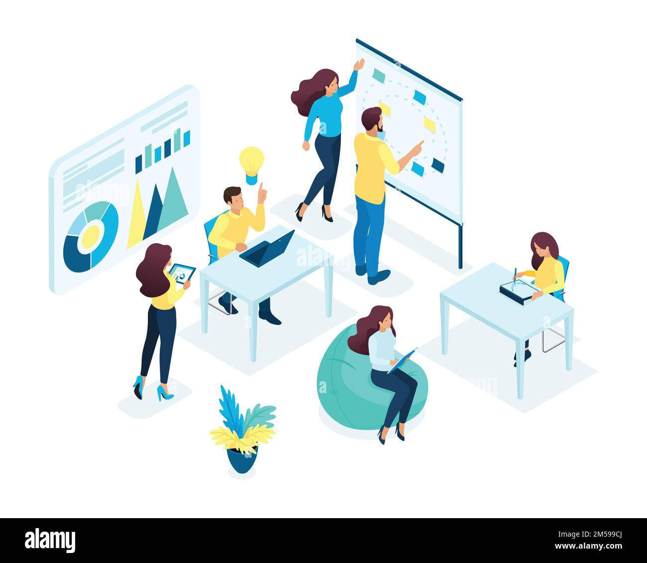 Isometric concept of a young team, teamwork, business idea development ...