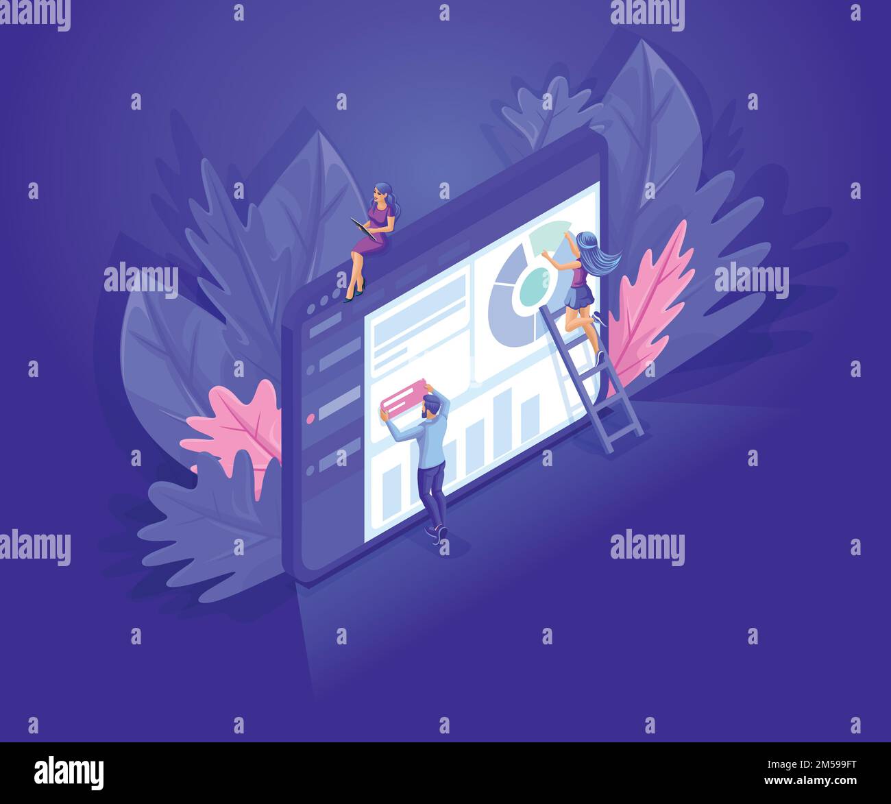 Isometric people work together in the web industry. Can use for web banner, infographic. Use set ...