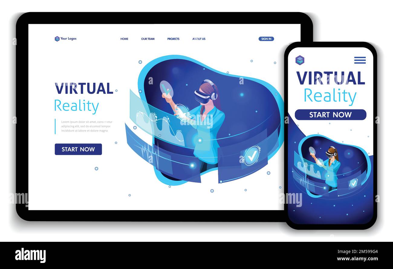 Template Website Business design. Isometric concept business woman work, Augmented reality, time ...