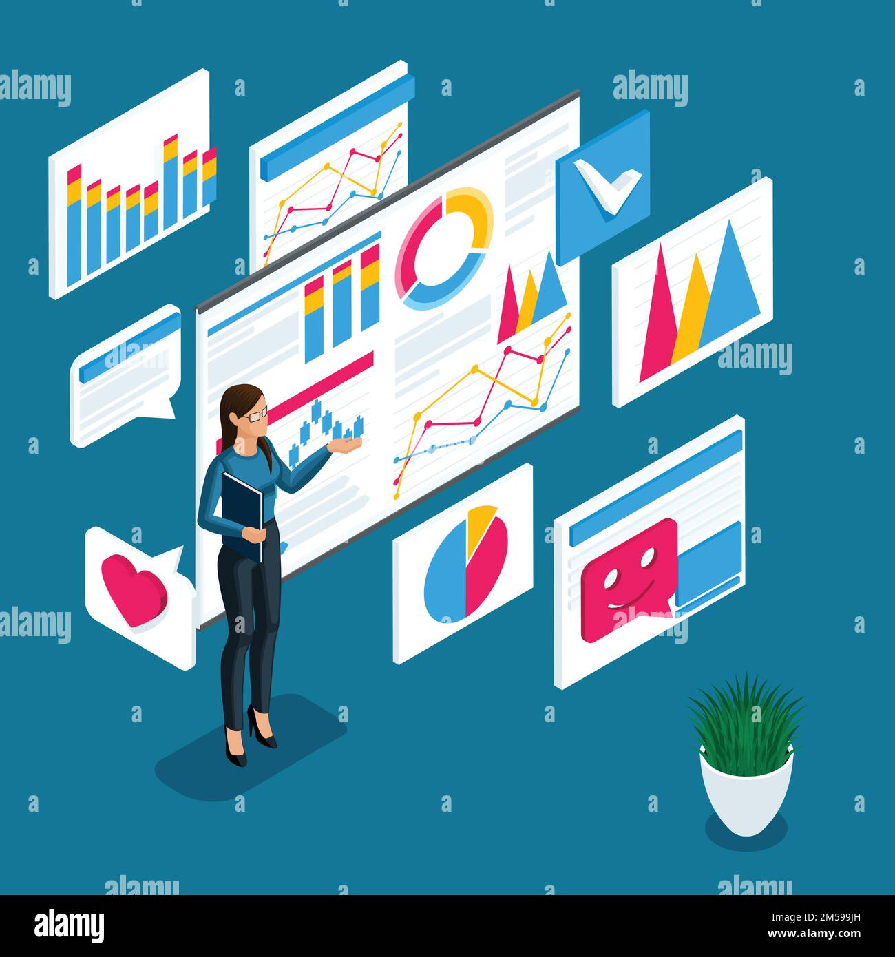 Isometric girl trader, learning the game on the stock exchange, quotes ...