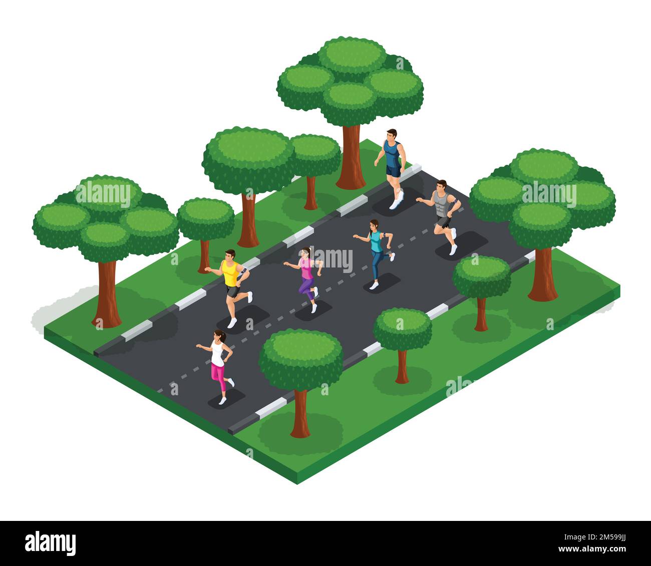 Isometric jogging in the park of young people, men and women, morning ...