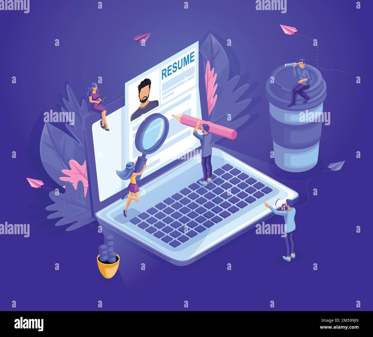 Isometric small people look at the resume together, look for work ...